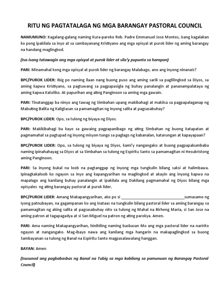 Ritu NG Pagtatalaga NG Mga Barangay Pastoral Council | PDF Ritu NG Pagtatalaga NG Mga Barangay Pastoral Council | PDF