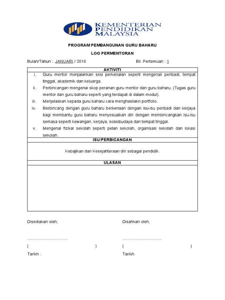 Contoh Borang Log Permentoran PPGB | PDF