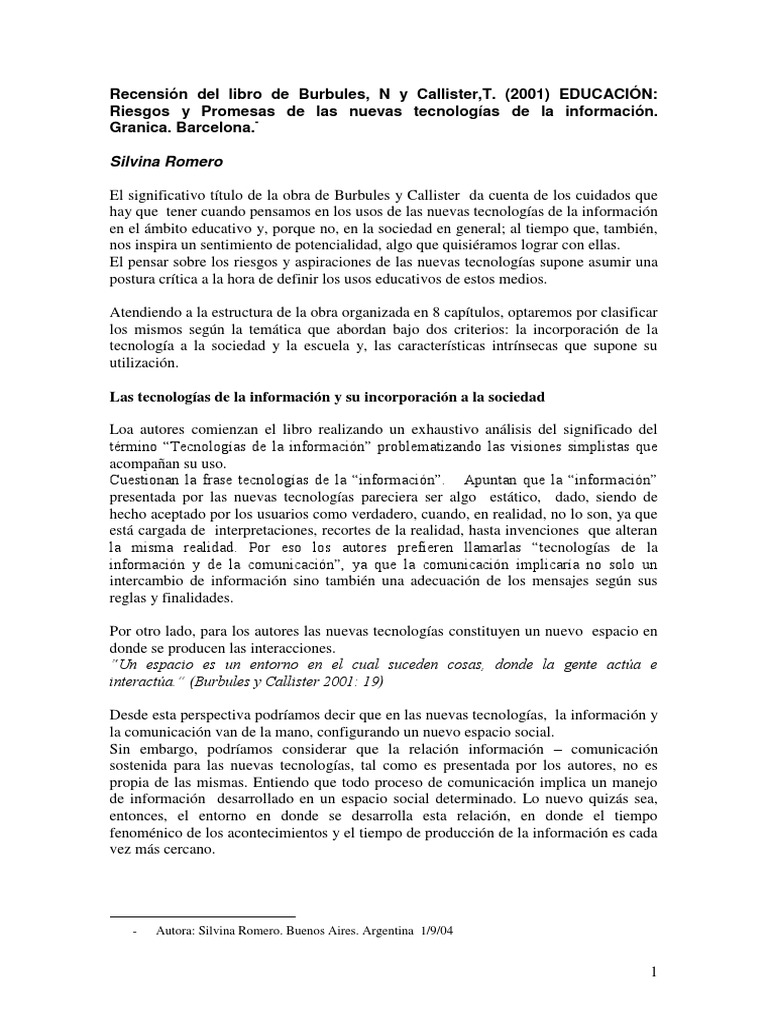 Recensión Del Libro de Burbules, N y Callister, T. (2001) EDUCACIÓN ...