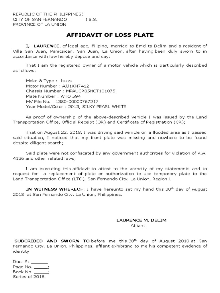 Affidavit of Loss Plate | PDF | Law