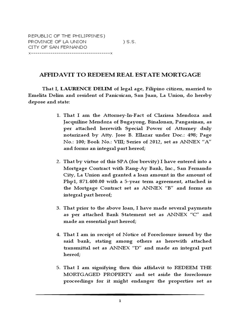 Affidavit to Redeem Mortgage Property | PDF | Foreclosure | Common Law