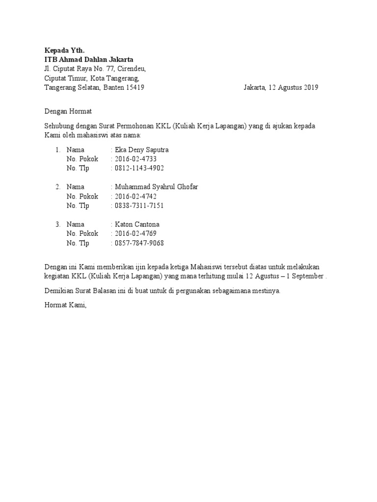 Surat Balasan KKL | PDF