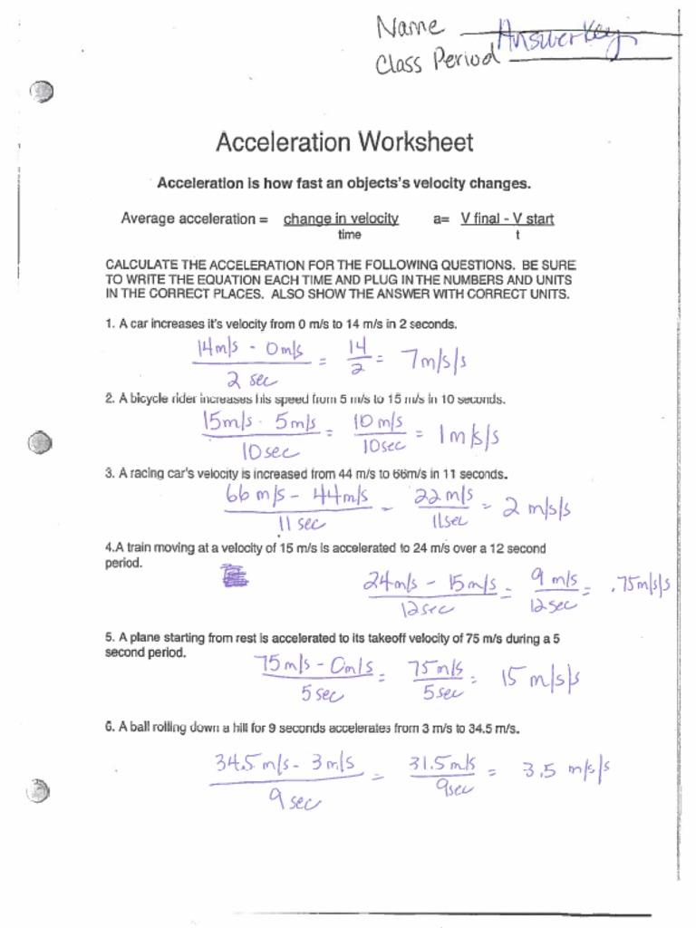 Worksheet Acceleration - Answer Key | PDF
