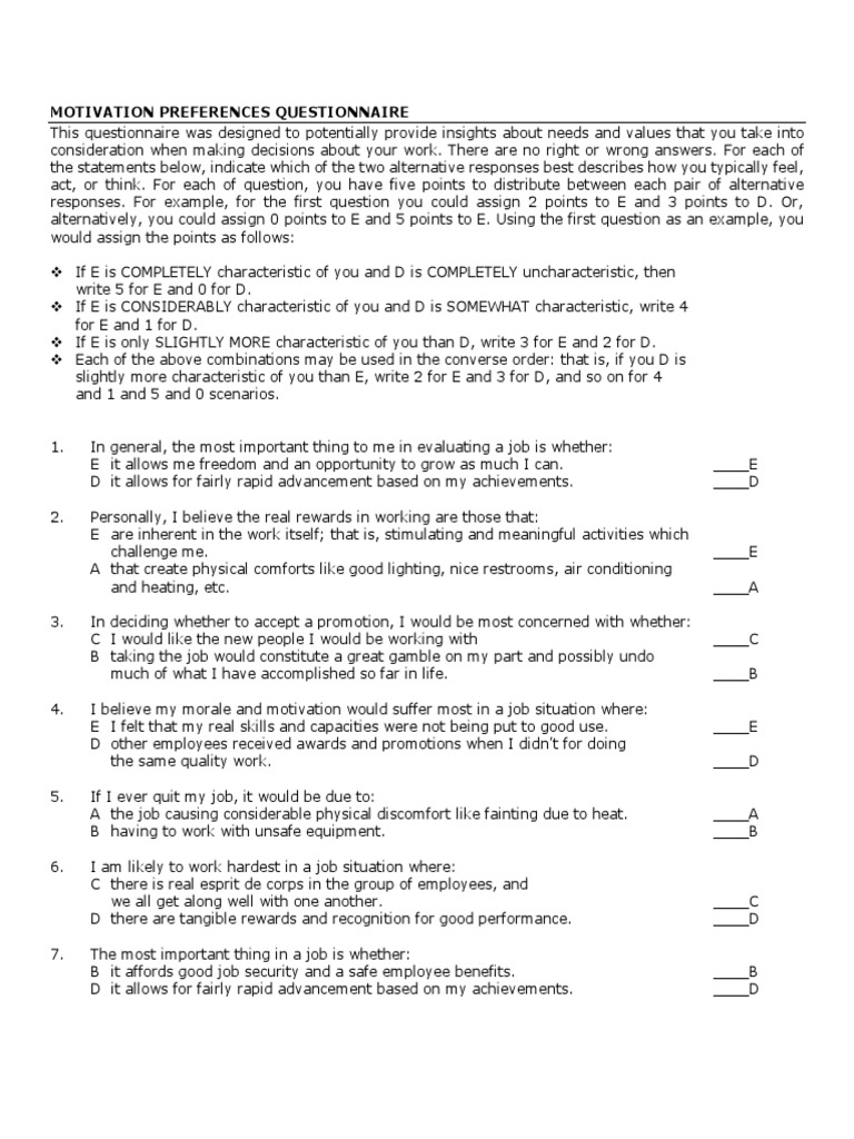 Motivation Preferences Questionnaire | PDF | Metaphysics Of Mind ...