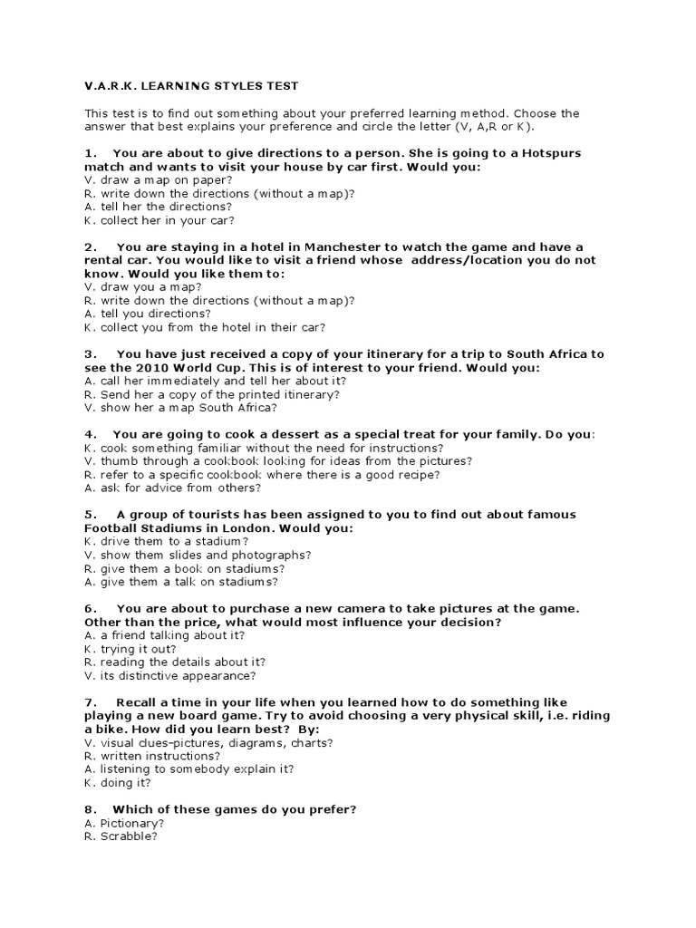 VARK Learning Preferences Questionnaire | PDF | Learning Styles | Cognition
