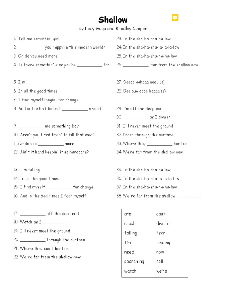 Shallow: by Lady Gaga and Bradley Cooper | PDF | Lady Gaga | Songs Written