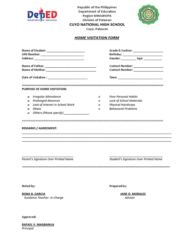 Home Visitation Form for Students | PDF