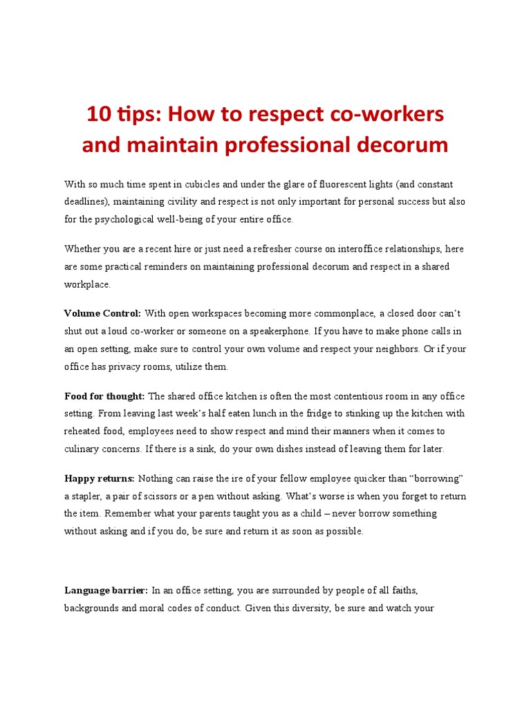 10 Tips: How To Respect Co-Workers and Maintain Professional Decorum | PDF