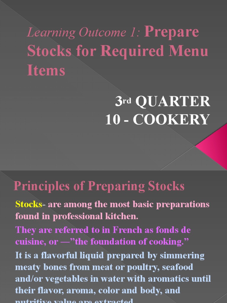 Learning Outcome 1:: Prepare Stocks For Required Menu Items | PDF ...