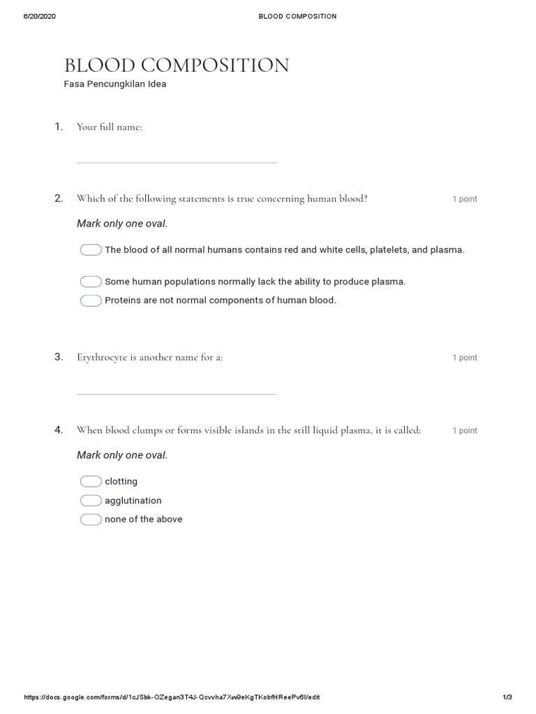 BLOOD COMPOSITION - Google Forms | PDF | Blood | Red Blood Cell