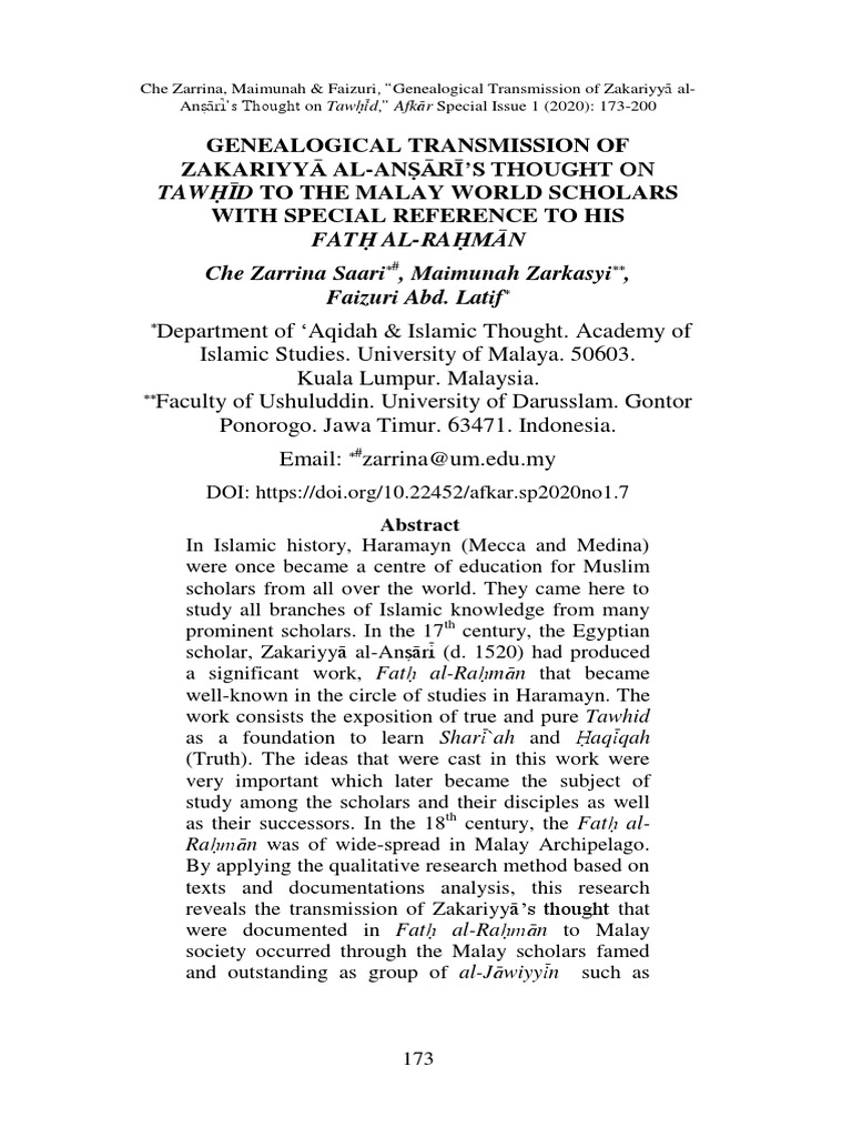 Tawhid To The Malay World Scholars Fath Al-Rahman Che Zarrina Saari ...