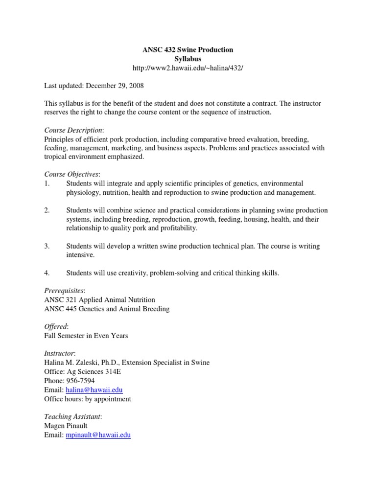 Swine Production Course Syllabus | PDF | Domestic Pig | Pig