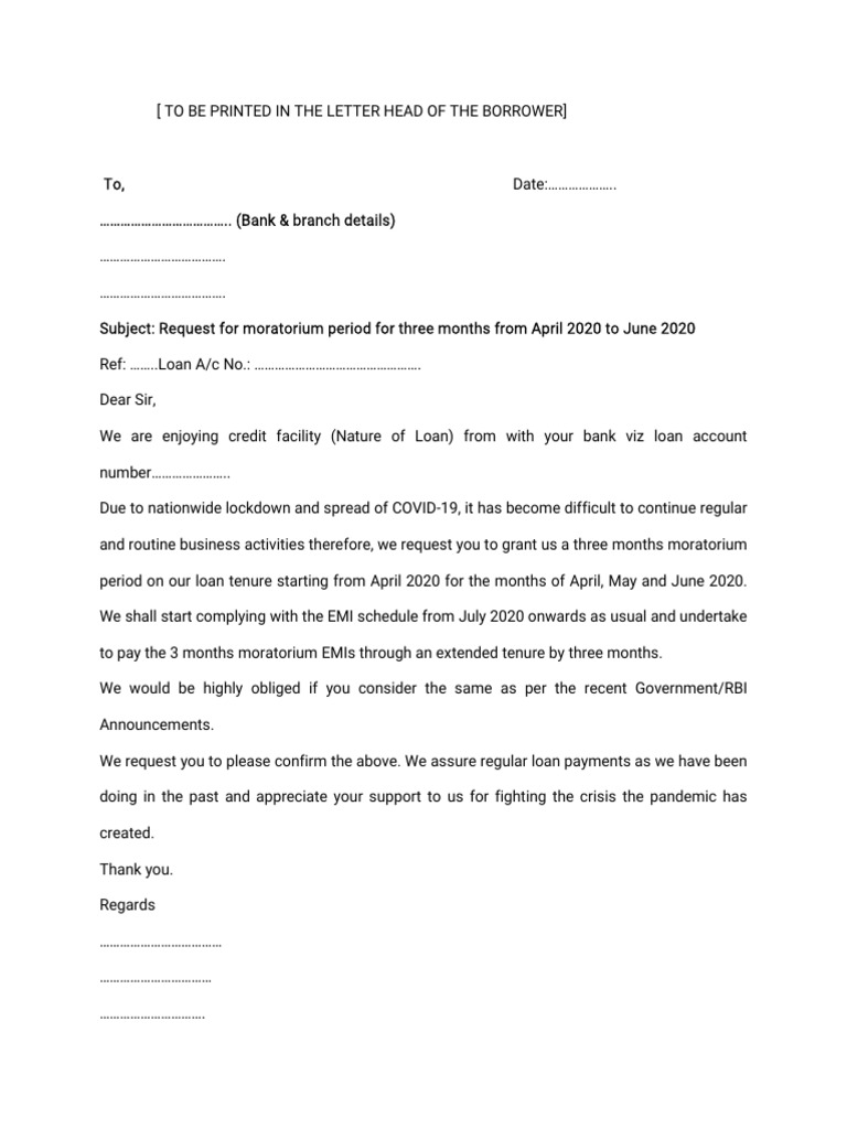 Format of Letter Seeking Moratorium | PDF