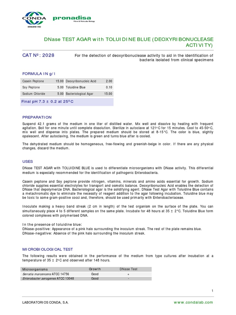 Dnase Test Agar With Toluidine Blue (Deoxyribonuclease Activity) | PDF ...