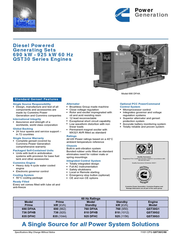 Diesel Powered Generating Sets 690 KW - 925 KW 60 HZ QST30 Series ...
