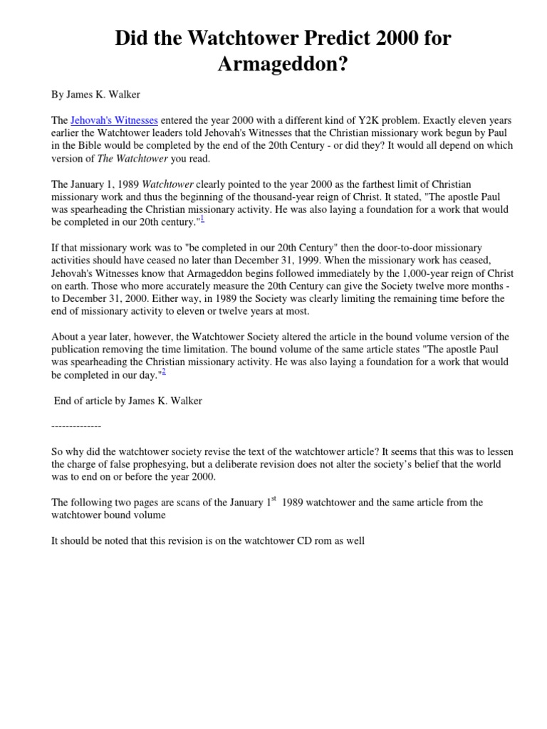 Did The Watchtower Predict 2000 For Armageddon?: Jehovah's Witnesses ...