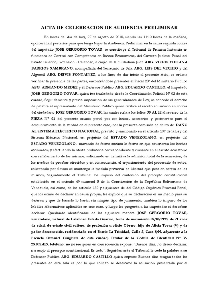 Acta de Celebracion de Audiencia Preliminar | PDF | Derecho penal | Venezuela