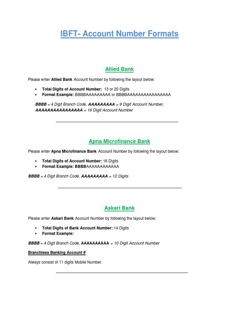 IBFT Account Number Formats in Pakistan | PDF | Banking | Financial ...