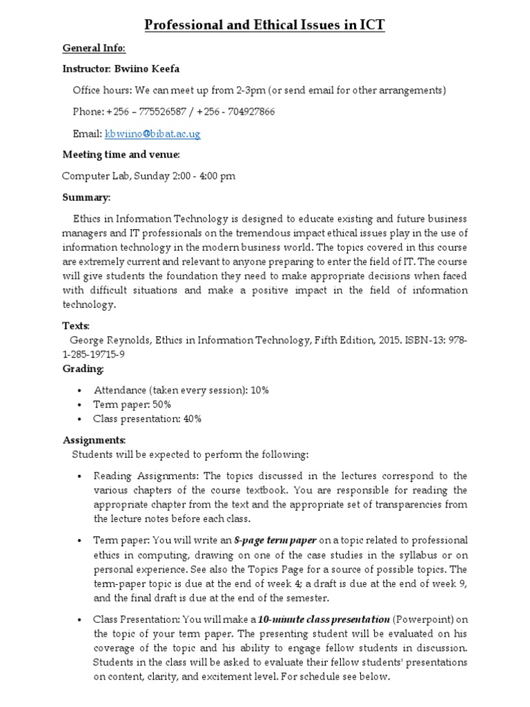 Professional and Ethical Issues in ICT Course Outline | PDF | Privacy ...