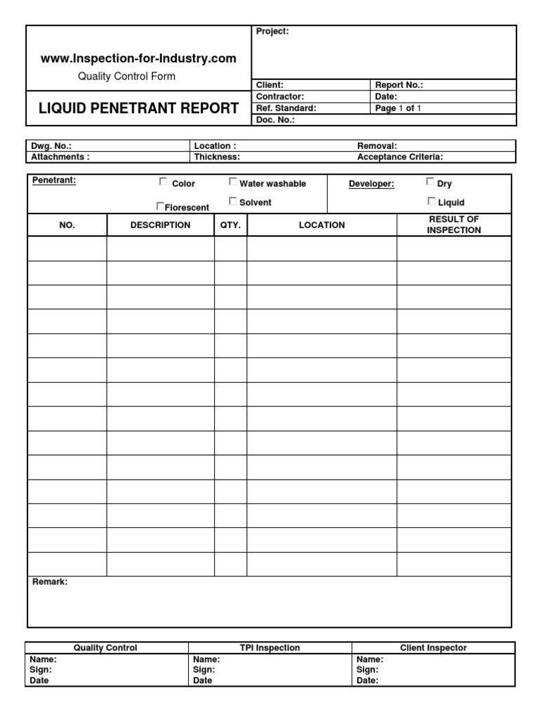 Liquid Penetrant Report: Quality Control Form | PDF
