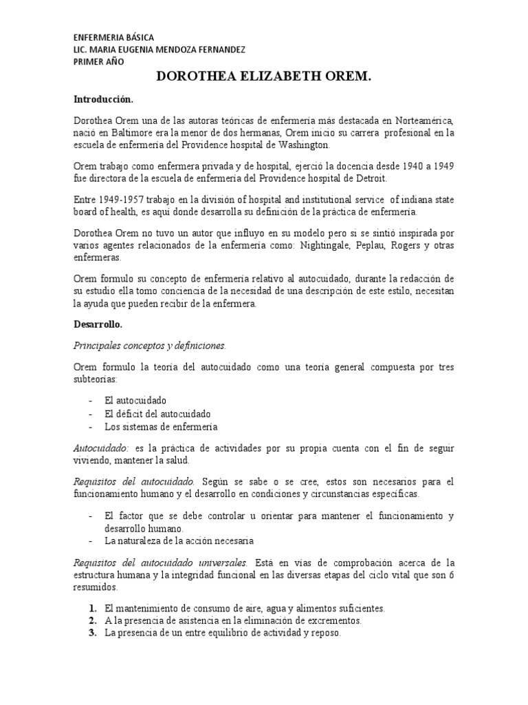 Teoría del Autocuidado de Orem en Enfermería | PDF | Enfermería | Medicina