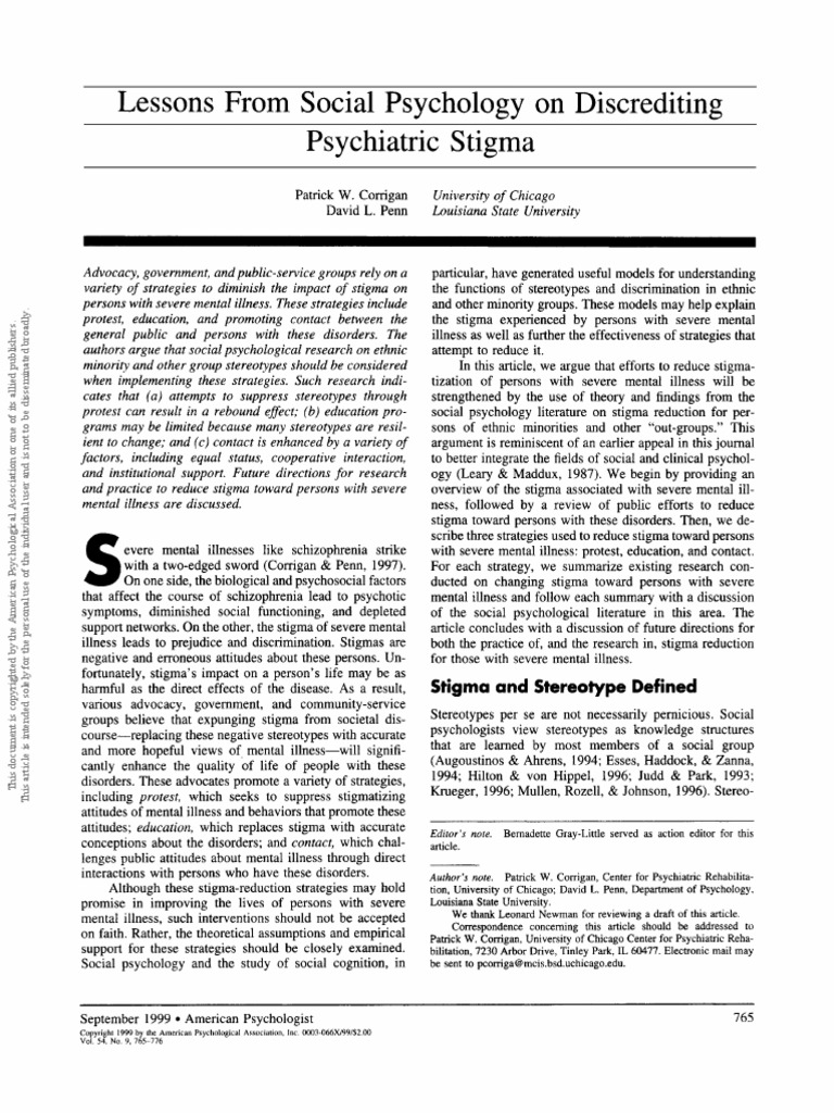 Lessons From Social Psychology On Discrediting Psychiatric Stigma | PDF ...