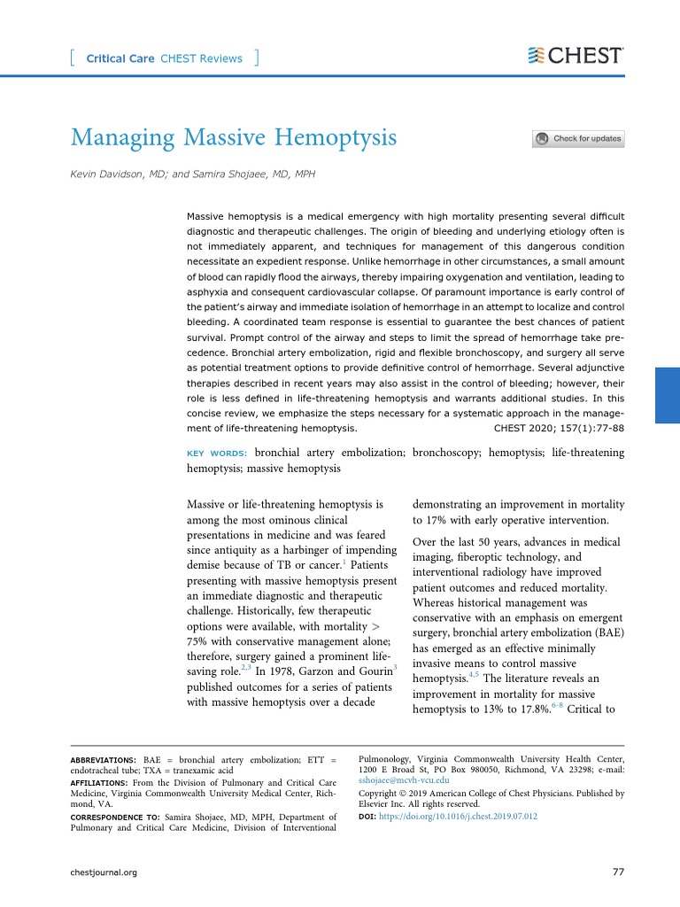 Managing Massive Hemoptysis | PDF | Bleeding | Interventional Radiology
