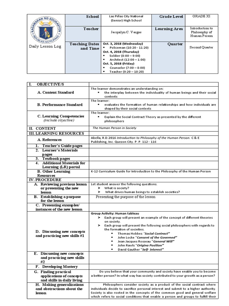 Grade XI Philosophy Lesson Plan | PDF | Social Contract | Common Good