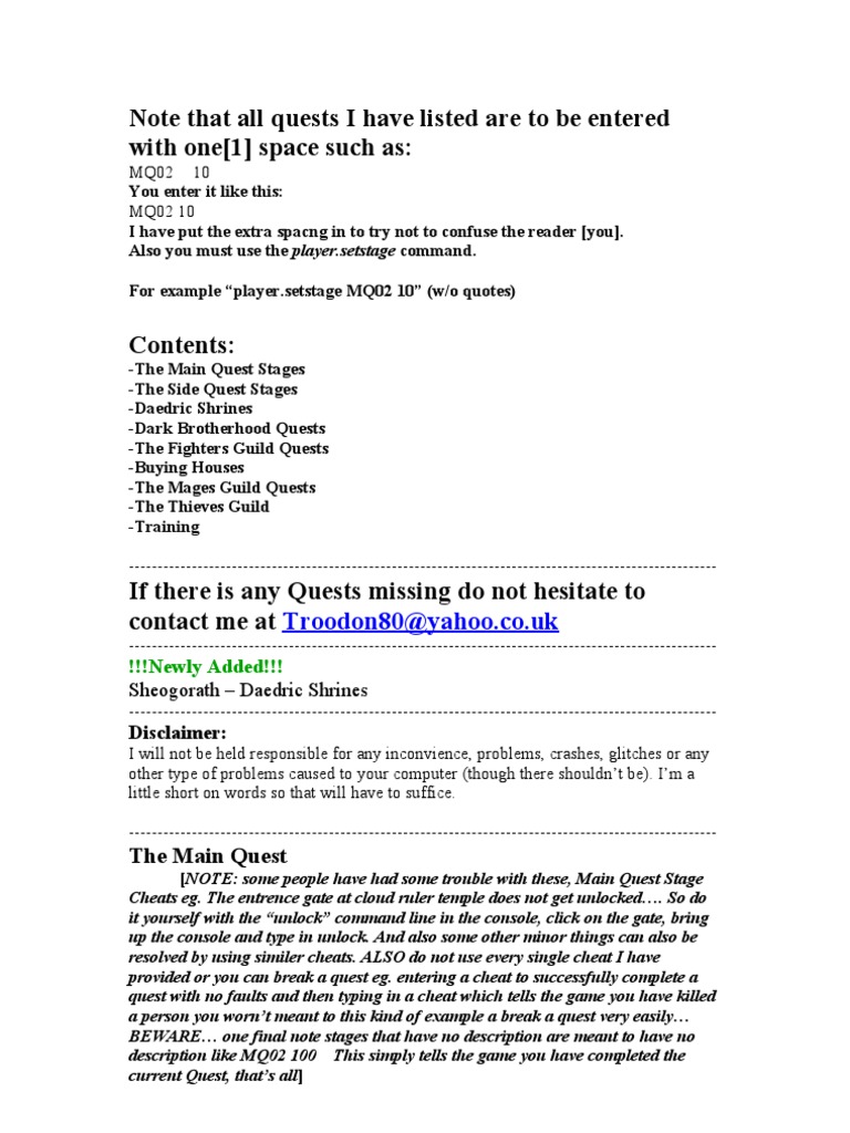 Oblivion Quest Codes | Leisure