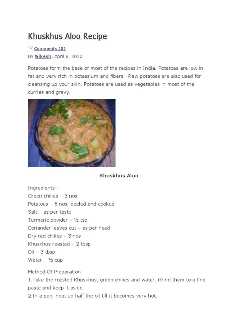 Khuskhus Aloo Recipe: Nikesh | PDF | Curry | Chutney