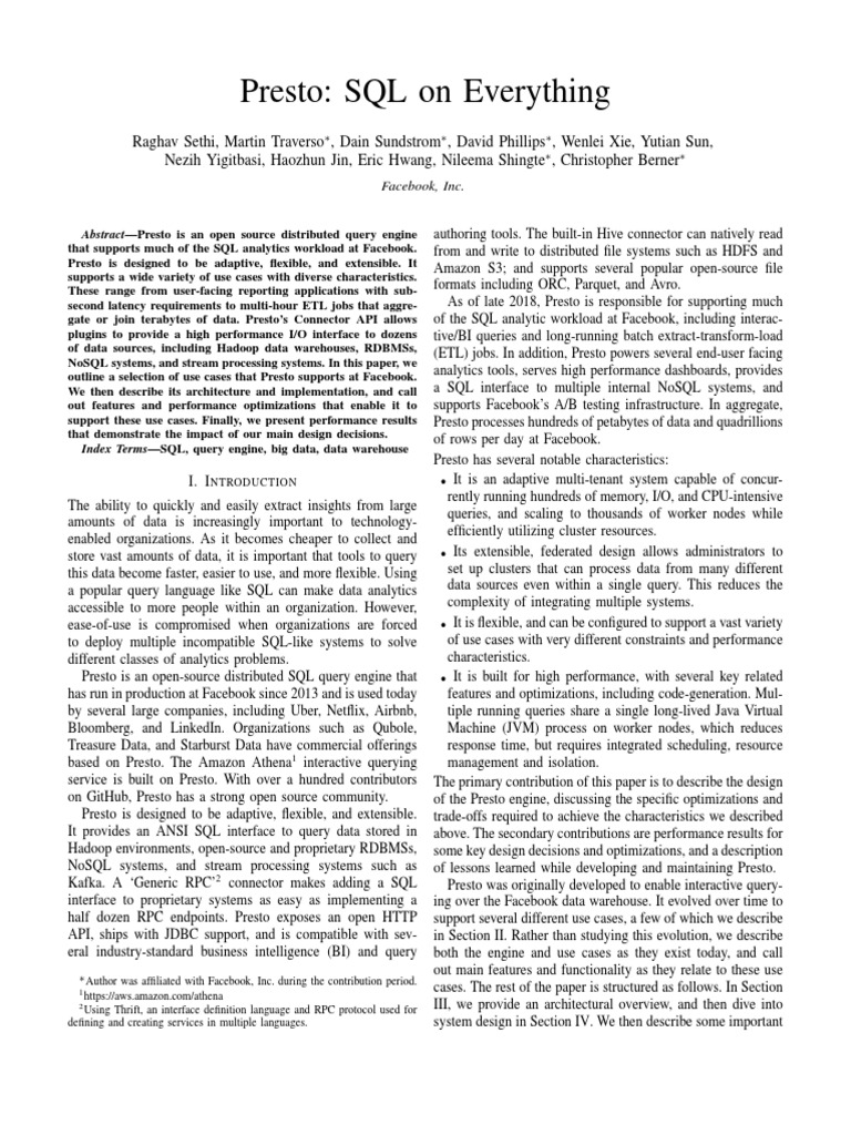 Presto: Open Source SQL Query Engine | PDF | Parallel Computing | Scheduling (Computing)