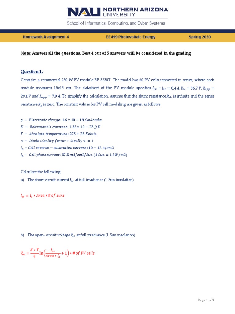 EE499 Homework Assignment 4 | PDF | Photovoltaics | Solar Panel