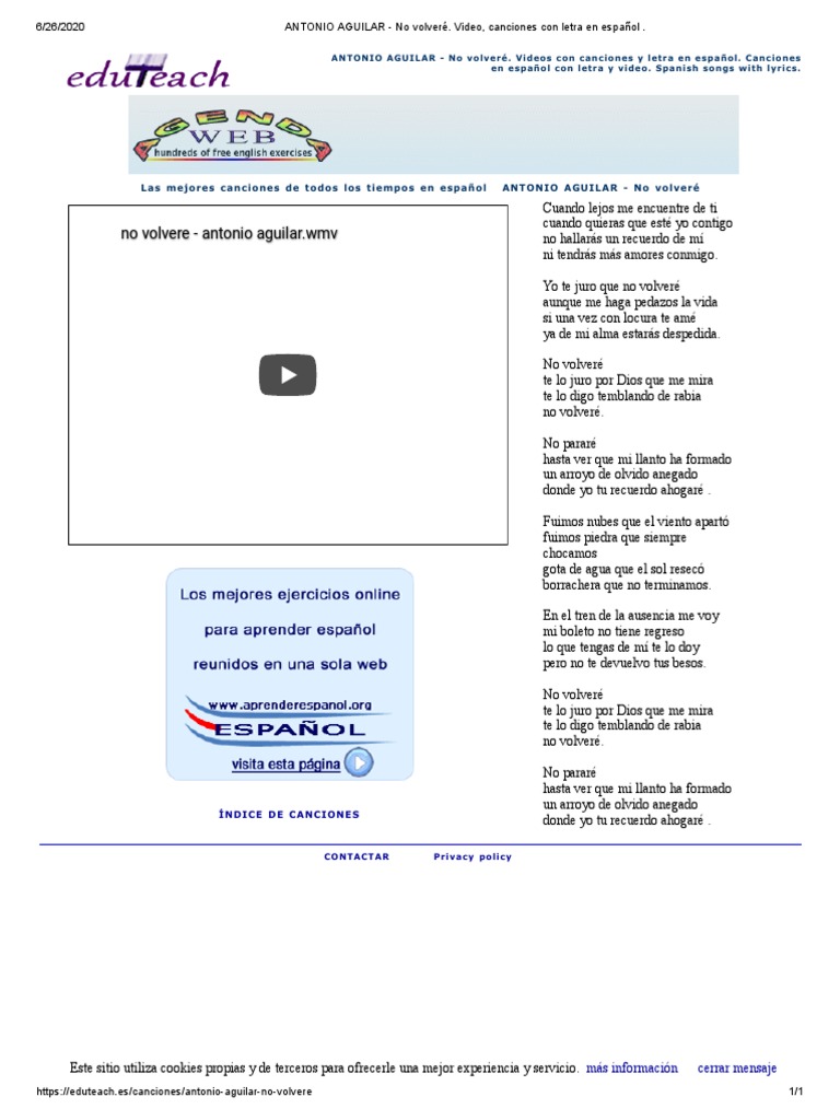 ANTONIO AGUILAR - No Volveré. Video, Canciones Con Letra en Español | PDF