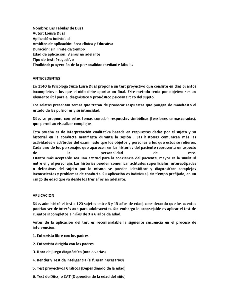 Las Fábulas de Düss: test proyectivo para niños | PDF | Psicoanálisis ...