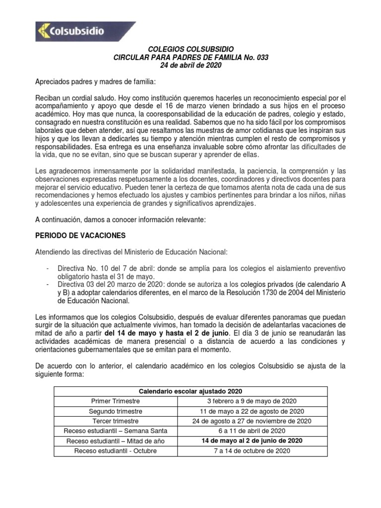 Circular 033 Vacaciones Adelantadas | PDF | Aprendizaje | Educación avanzada