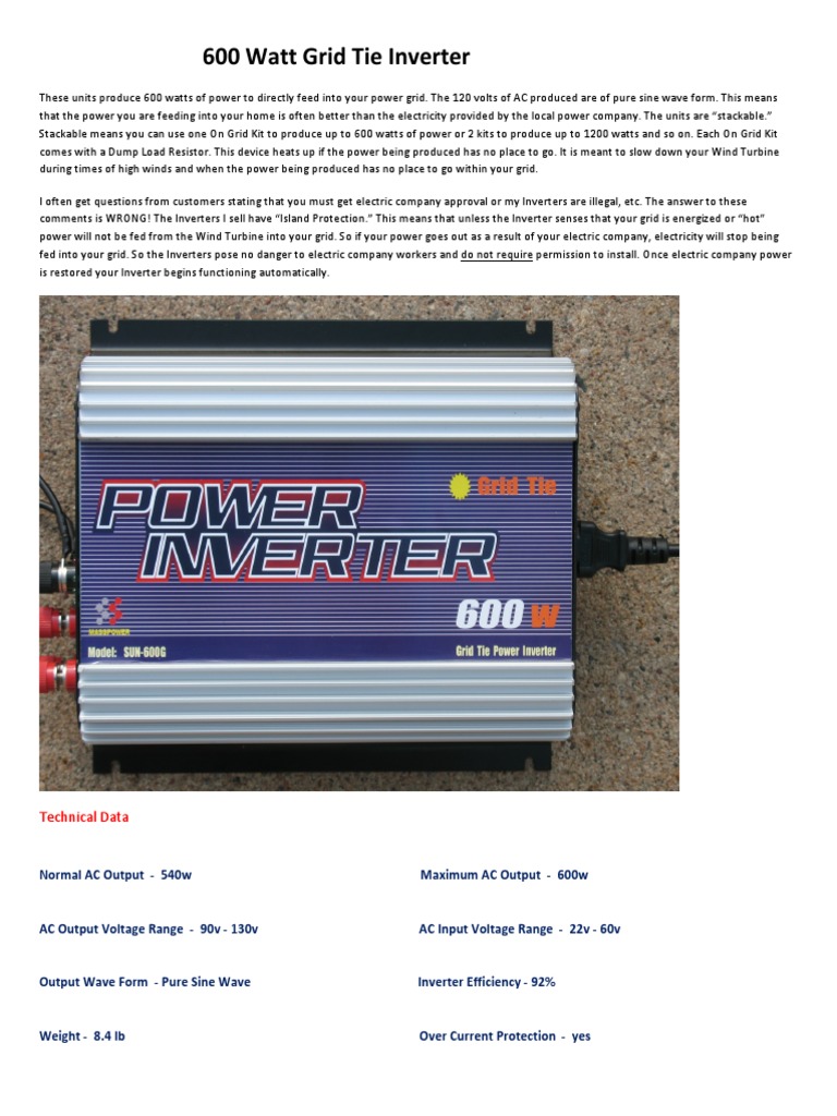 600 Watt Grid Tie Inverter: Technical Data | PDF | Power Inverter ...