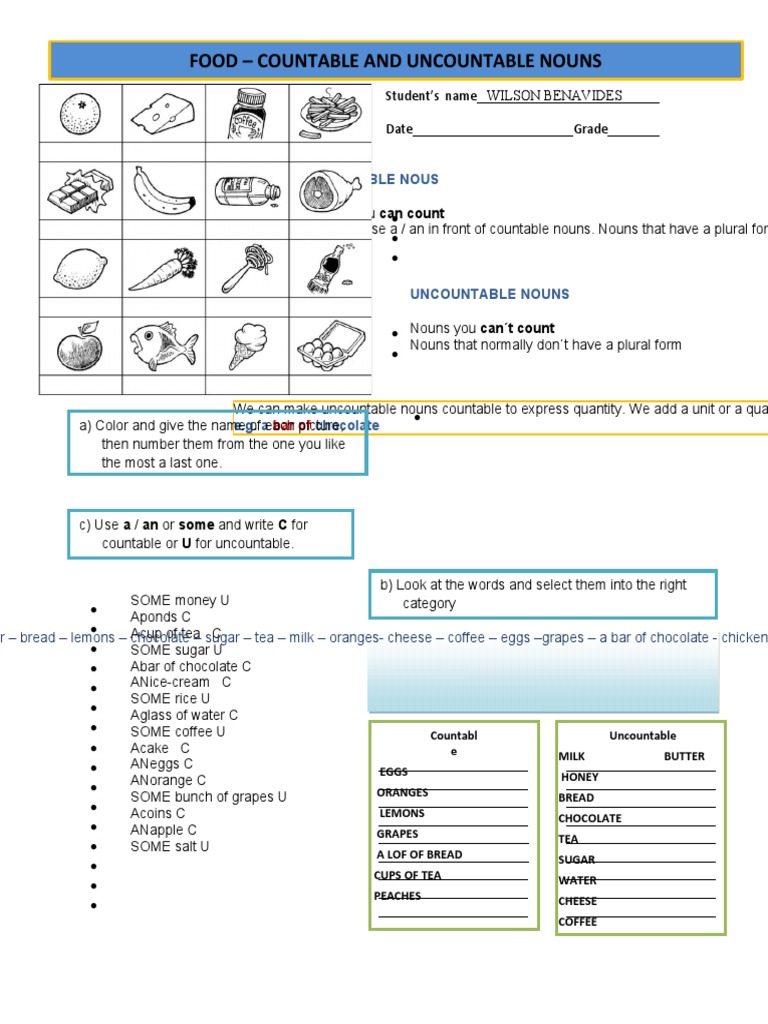 COUNTABLE VS UNCOUNTABLE EXERCISES Ingles | PDF | Vegetables | Lunch