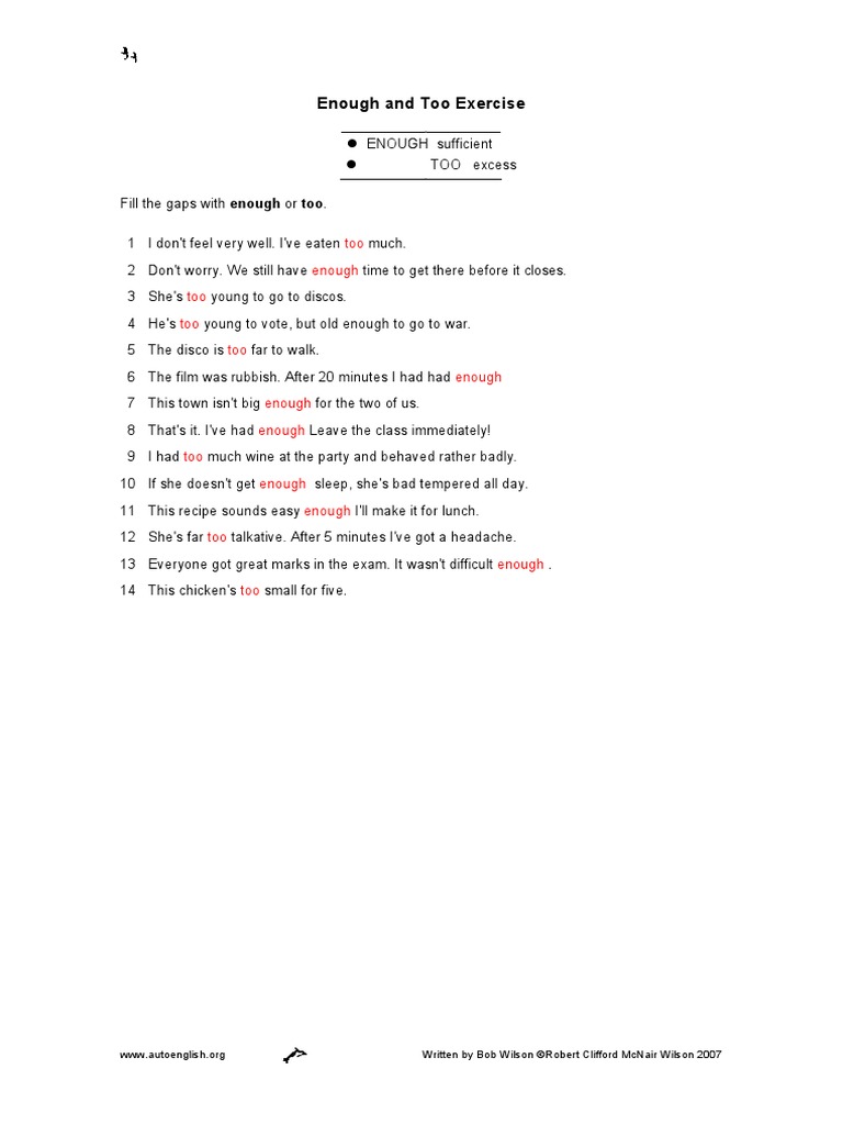 Enough and Too Exercise: Too Enough Too Too Too Enough Enough Enough ...