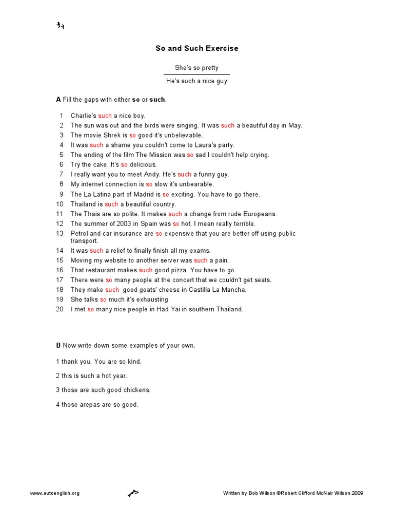 So and Such Exercise: A Fill The Gaps With Either So or Such | PDF