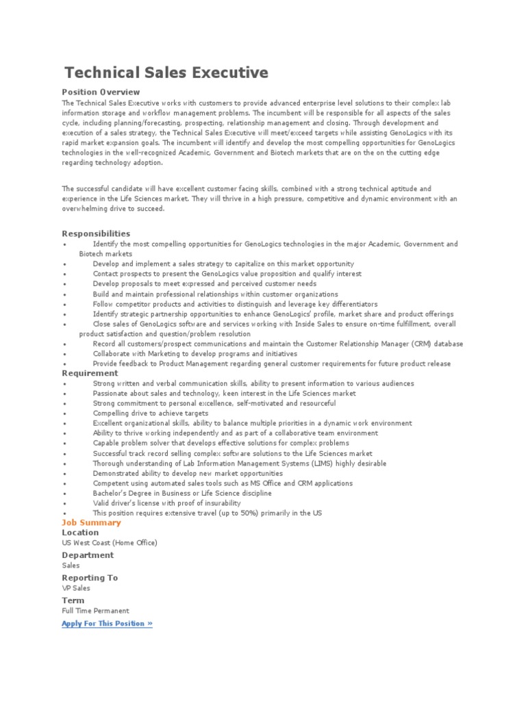 Technical Sales Executive | PDF | Customer Relationship Management | Sales