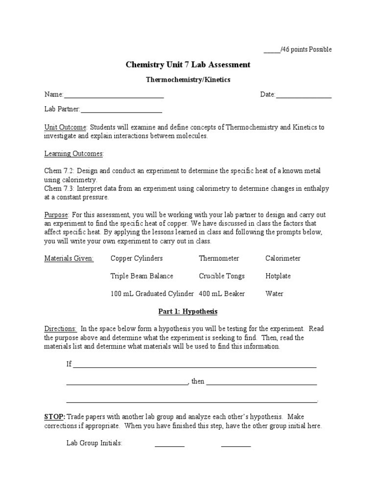 Chemistry Unit 7 Lab Assessment: Thermochemistry/Kinetics | PDF ...