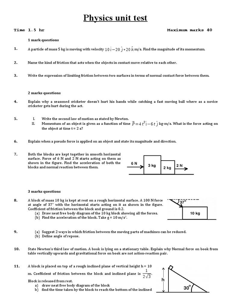 Dakshana Class 11th Unit Test 3 - Laws of Motion | PDF | Force | Friction