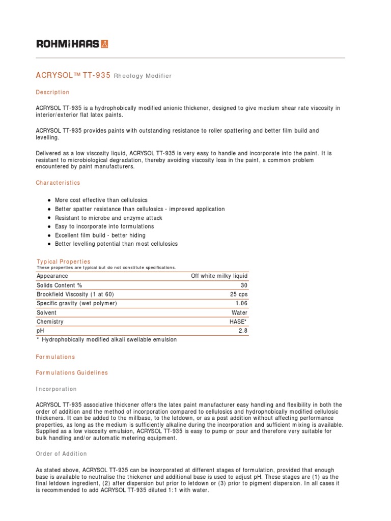 ACRYSOL™ TT-935: Rheology Modifier | PDF | Paint | Acrylic Paint