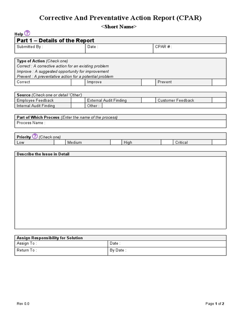 CMS Corrective and Preventative Action Report (CPAR) Form | PDF