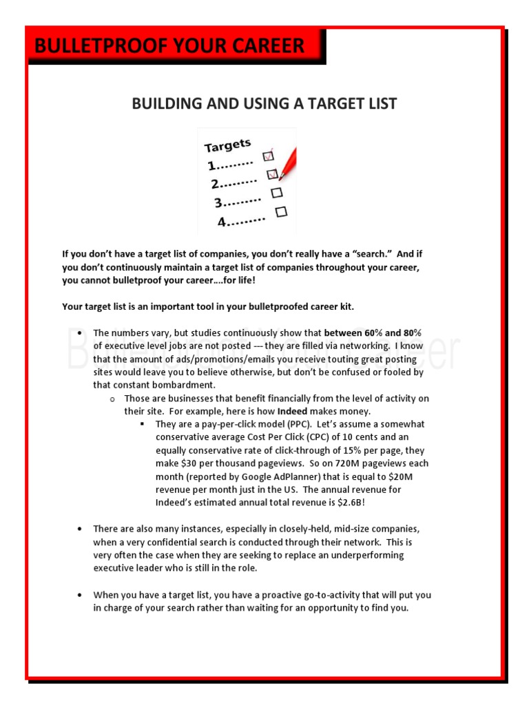 Bulletproof Your Career - Target List | PDF | Communication | Business