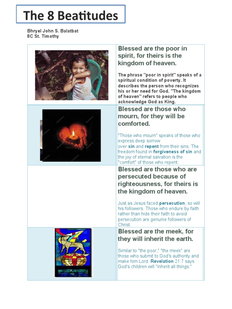 The 8 Beatitudes: Bhryel John S. Balatbat 8C St. Timothy | PDF | Beatitudes | Mercy