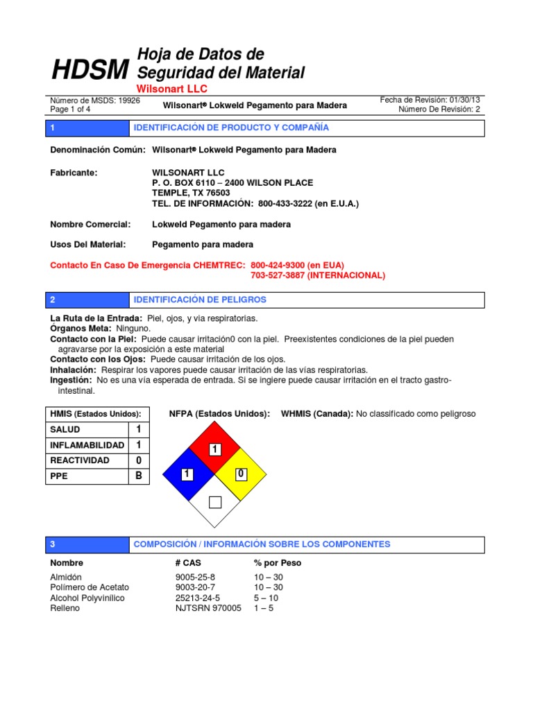 MSDS Pegamento | PDF | Dióxido de carbono | Hidrógeno