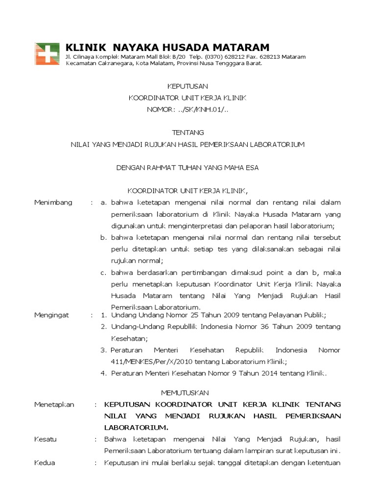 Nilai Yang Menjadi Rujukan Hasil Pemeriksaan Laboratorium | PDF