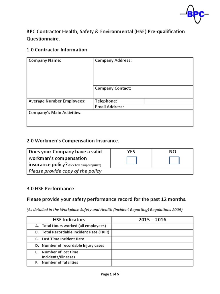 Contractor HSE Pre-Qualification Form | PDF | Personal Protective Equipment | Safety
