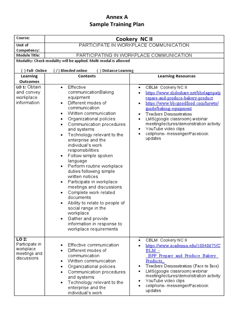 Cookery NC II Training Plan Overview | PDF | Occupational Safety And ...